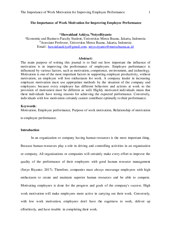 (PDF) The Importance of Work Motivation for Improving Employee Performance