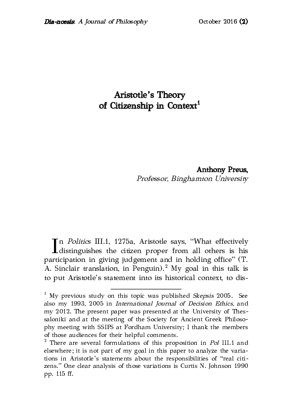 (PDF) Anthony Preus, Aristotle’s Theory of Citizenship in Context