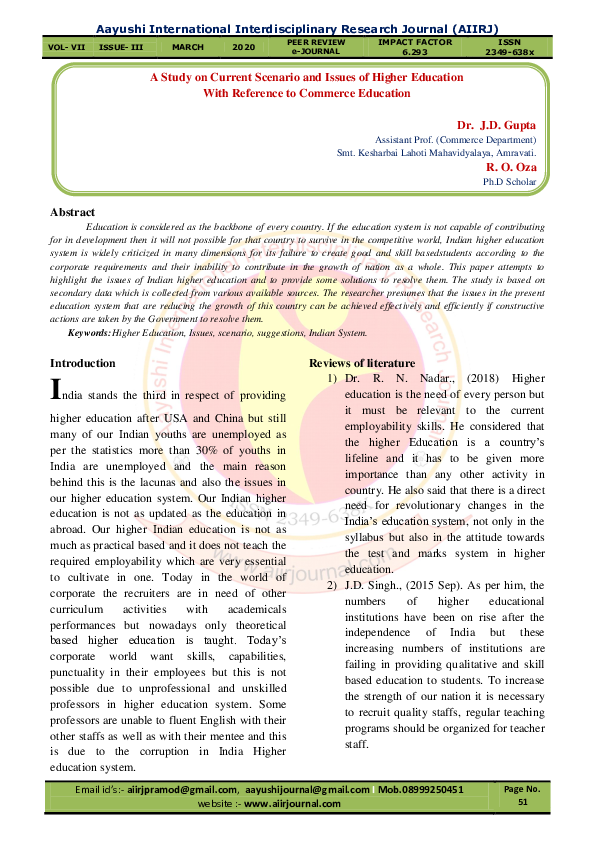 (PDF) A Study on Current Scenario and Issues of Higher Education With ...