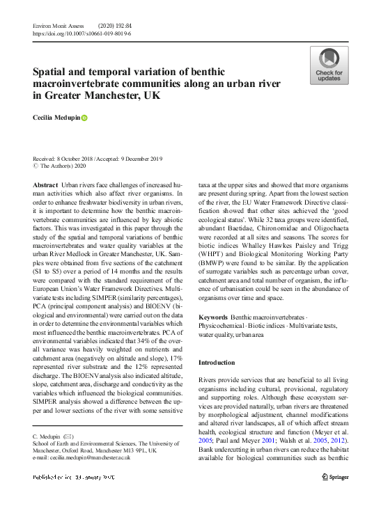 (PDF) Spatial and temporal variation of benthic macroinvertebrate communities along an urban ...