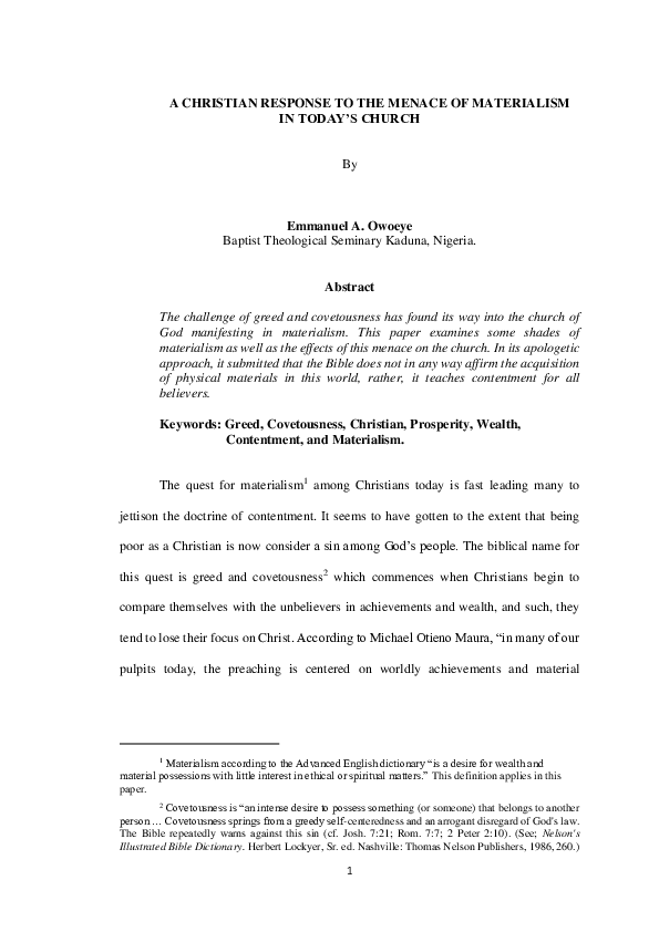 (PDF) A CHRISTIAN RESPONSE TO THE MENACE OF MATERIALISM IN TODAY'S CHURCH