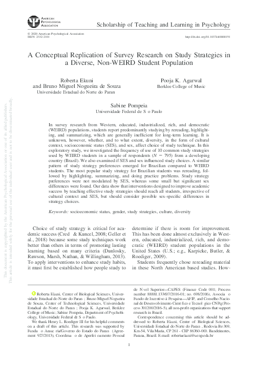 (PDF) A Conceptual Replication of Survey Research on Study Strategies ...
