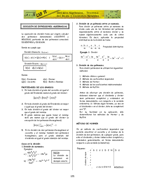 (PDF) División Algebraica, Teorema del Resto y Cocientes Notables