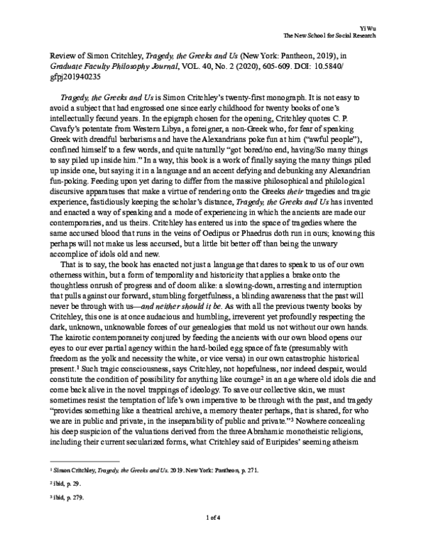(PDF) Review of Simon Critchley, Tragedy, the Greeks and Us (Pantheon, 2019)