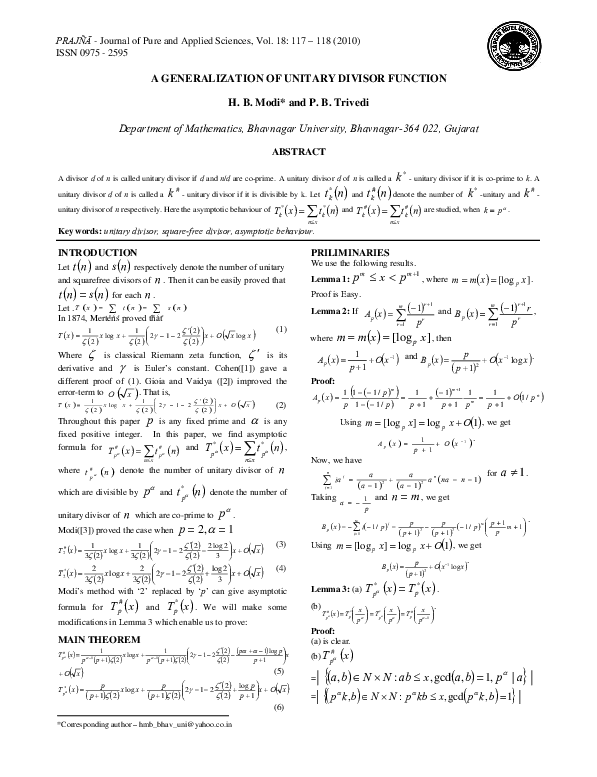 (PDF) A GENERALIZATION OF UNITARY DIVISOR FUNCTION