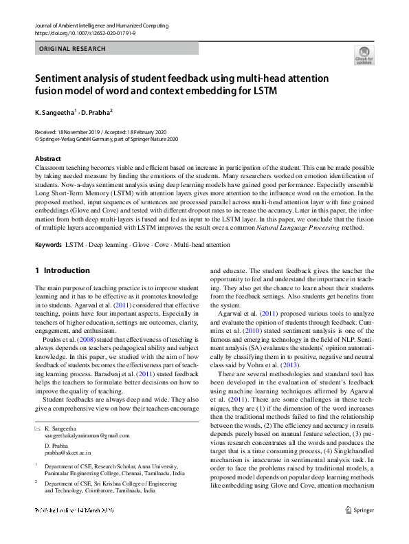 (PDF) Sentiment analysis of student feedback using multi-head attention fusion model of word and ...