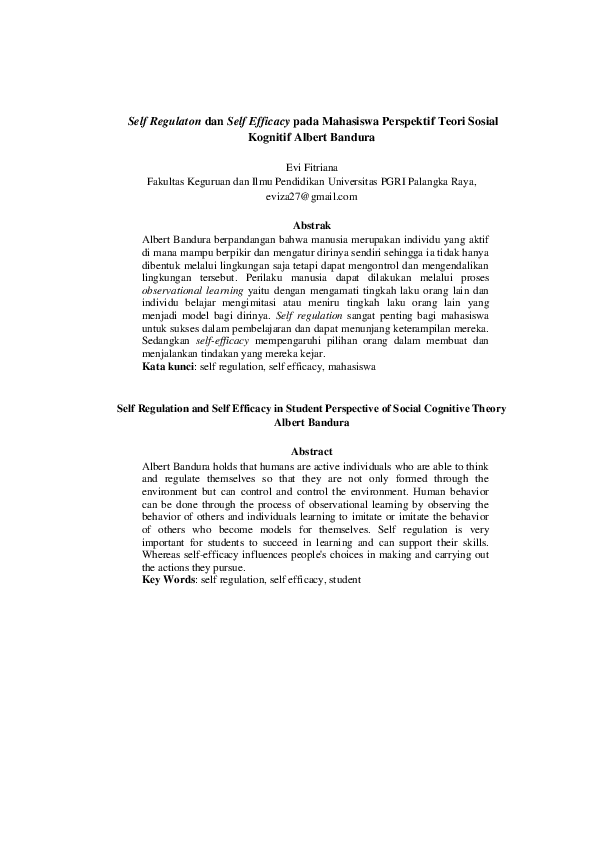 (PDF) Self Regulaton dan Self Efficacy pada Mahasiswa Perspektif Teori Sosial Kognitif Albert ...
