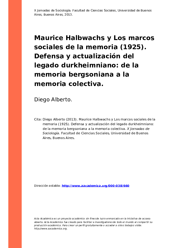 (PDF) Maurice Halbwachs y Los marcos sociales de la memoria (1925). Defensa y actualización del ...