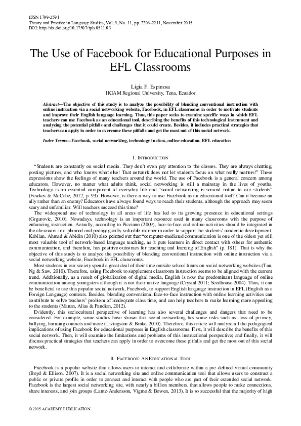 (PDF) The Use of Facebook for Educational Purposes in EFL Classrooms