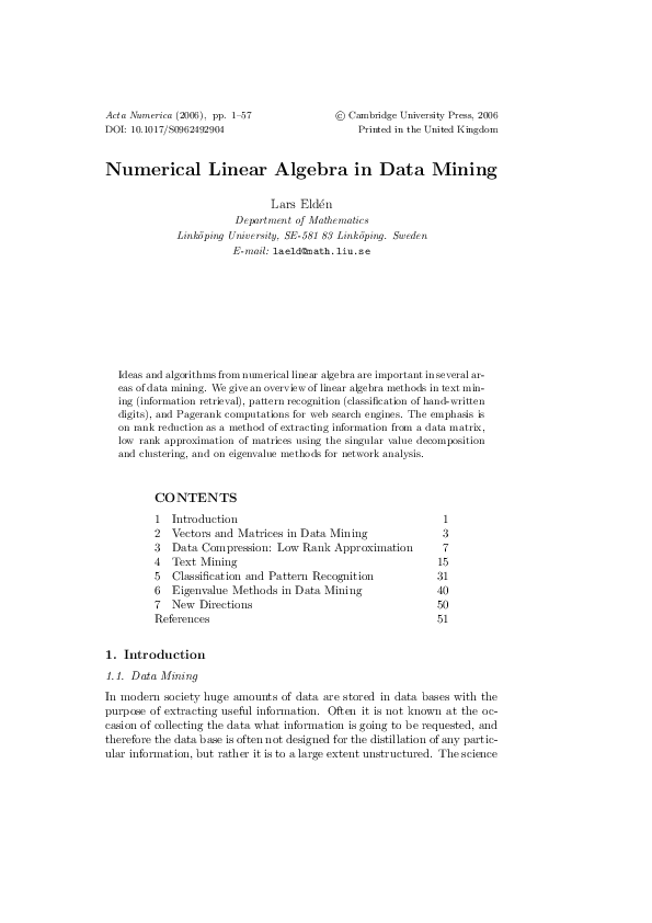 (PDF) Numerical Linear Algebra in Data Mining