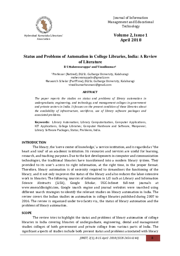 (PDF) Status and Problems of Automation in College Libraries, India: A ...