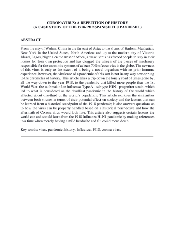(PDF) CORONAVIRUS: A REPETITION OF HISTORY (A CASE STUDY OF THE 1918 ...