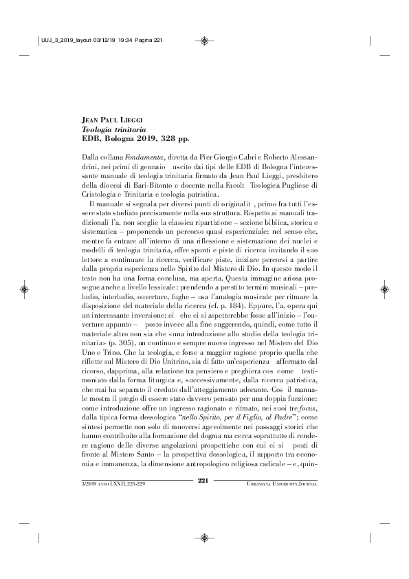 (PDF) recensione a: J. P. Lieggi, Teologia Trinitaria, EDB, Bologna ...