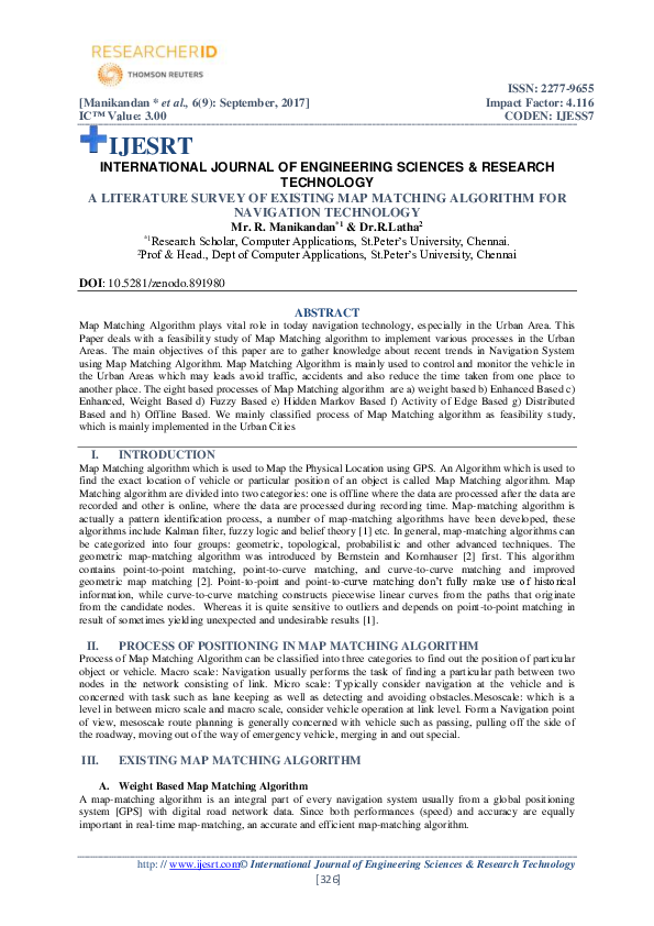 Pdf A Literature Survey Of Existing Map Matching Algorithm For