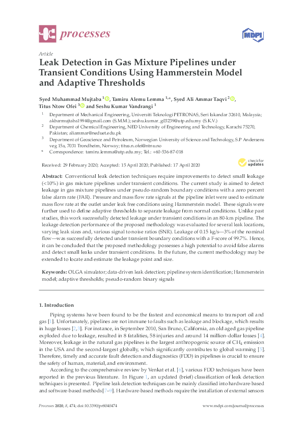 (PDF) Leak Detection in Gas Mixture Pipelines under Transient Conditions Using Hammerstein Model ...