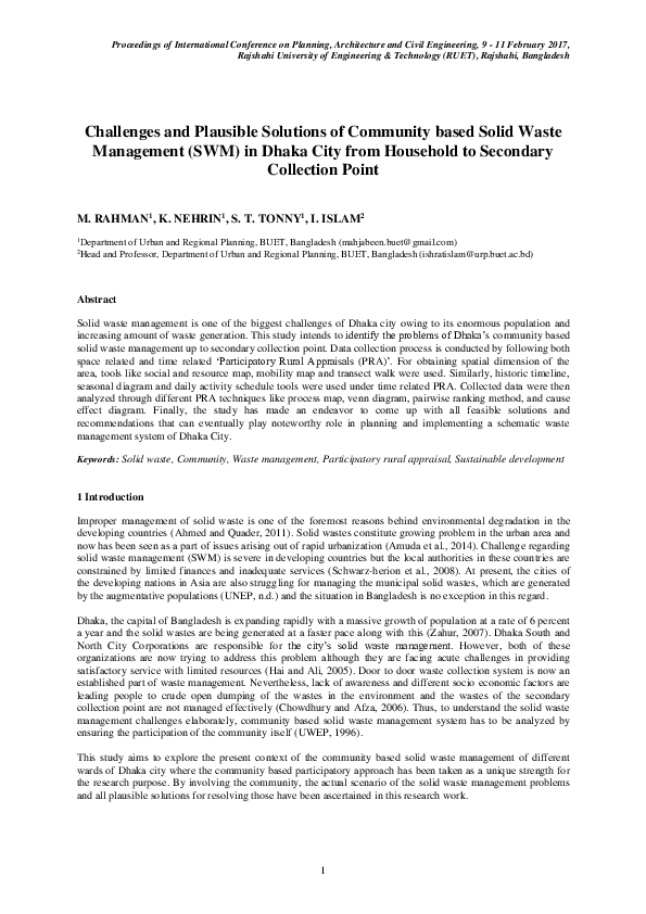 (PDF) Challenges and Plausible Solutions of Community based Solid Waste ...