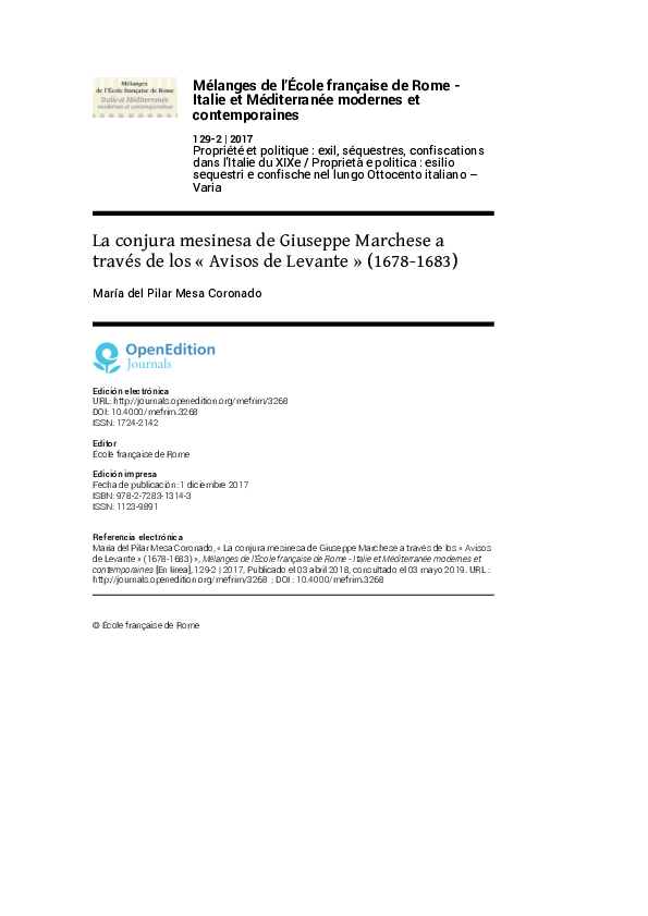 (PDF) La conjura mesinesa de Giuseppe Marchese a través de los « Avisos de Levante » (1678-1683)