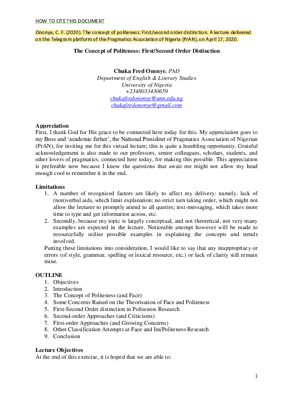 (PDF) The Concept of Politeness: First/Second Order Distinction | Chuka ...