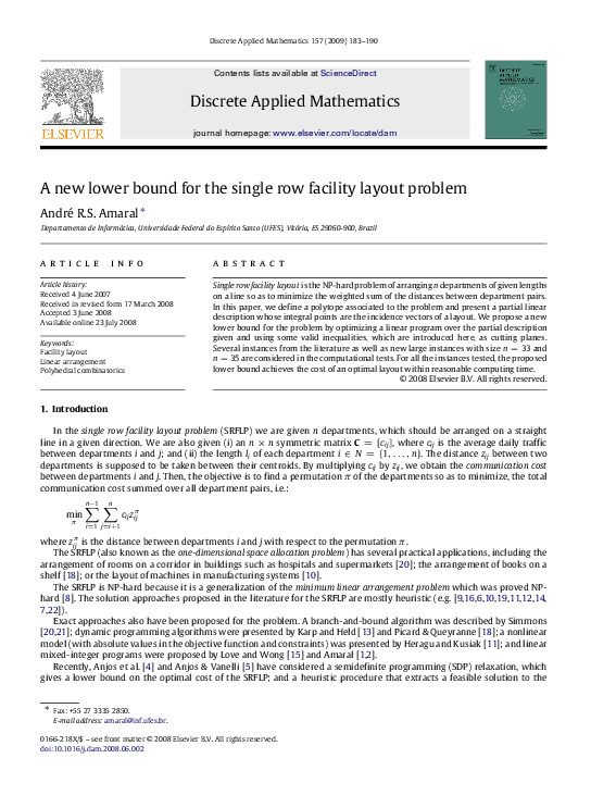 Pdf A New Lower Bound For The Single Row Facility Layout Problem