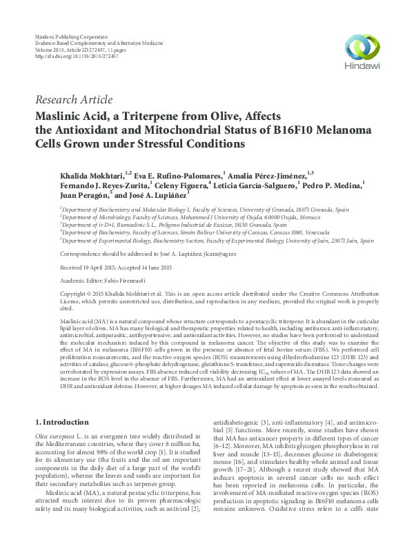 (PDF) Maslinic Acid, a Triterpene from Olive, Affects the Antioxidant ...