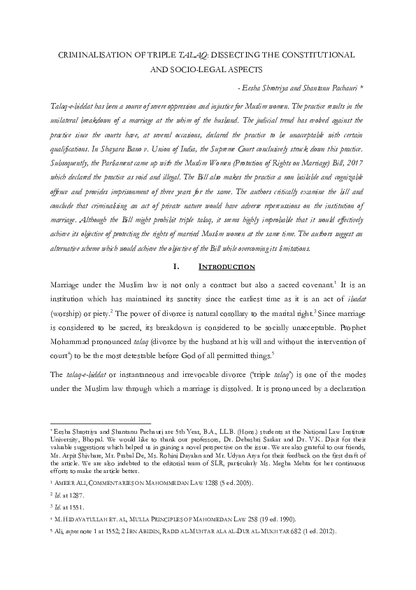 (PDF) Criminalisation of triple talaq: Dissecting the constitutional ...