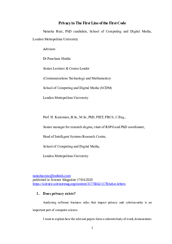 (PDF) Privacy in The First Line of the First Code