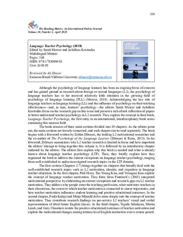 (PDF) Book Review: Language Teacher Psychology