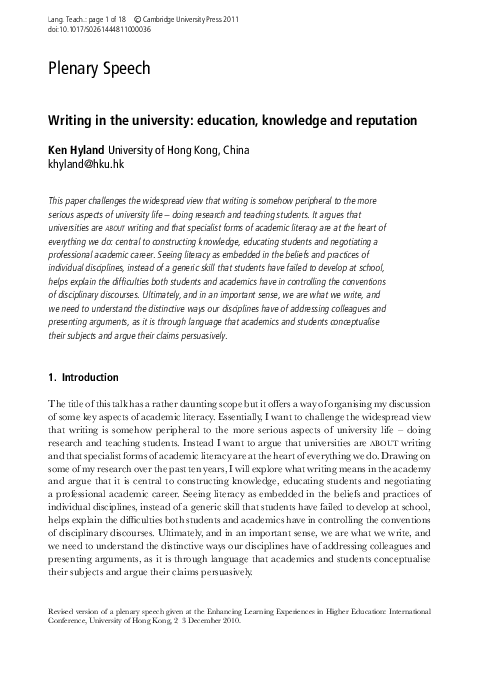 Plenary Speech Writing in the university: education, knowledge and ...