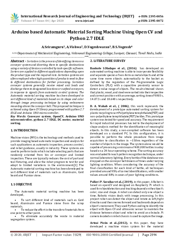 Pdf Arduino Based Automatic Material Sorting Machine Using Open Cv 9867