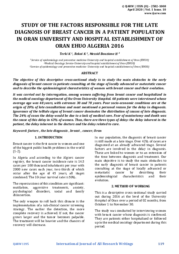 (PDF) STUDY OF THE FACTORS RESPONSIBLE FOR THE LATE DIAGNOSIS OF BREAST ...