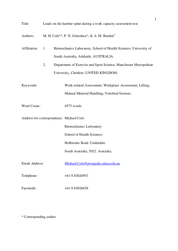 (PDF) Loads on the lumbar spine during a work capacity assessment test