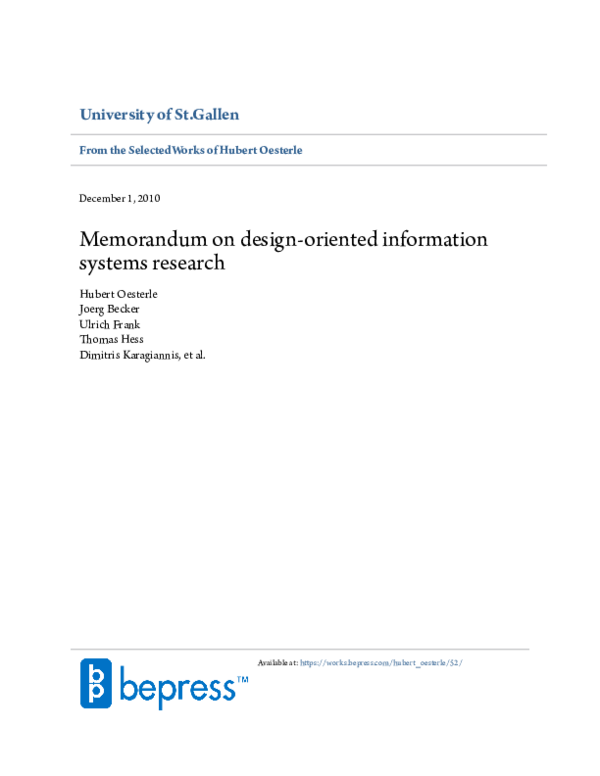 (PDF) Memorandum on design-oriented information systems research