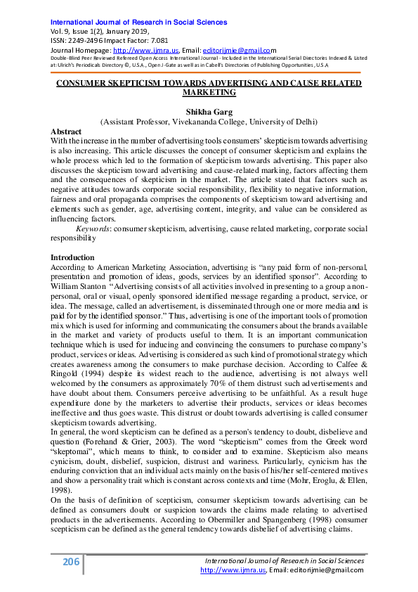 (PDF) CONSUMER SKEPTICISM TOWARDS ADVERTISING AND CAUSE RELATED MARKETING