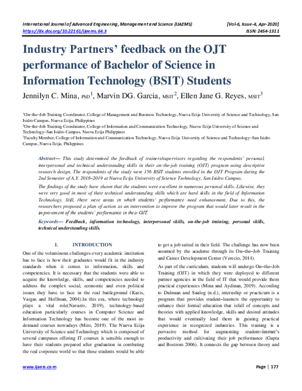 (PDF) Industry Partners’ feedback on the OJT performance of Bachelor of ...