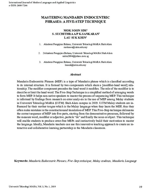(PDF) MASTERING MANDARIN ENDOCENTRIC PHRASES: A FIVE-STEP TECHNIQUE