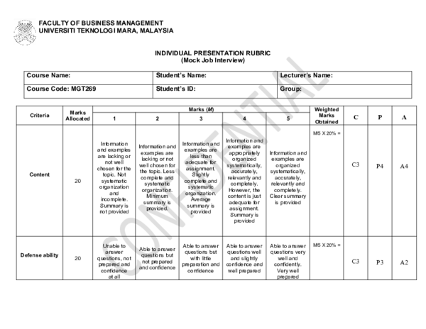 (DOC) RUBRIC MOCK INTERVIEW