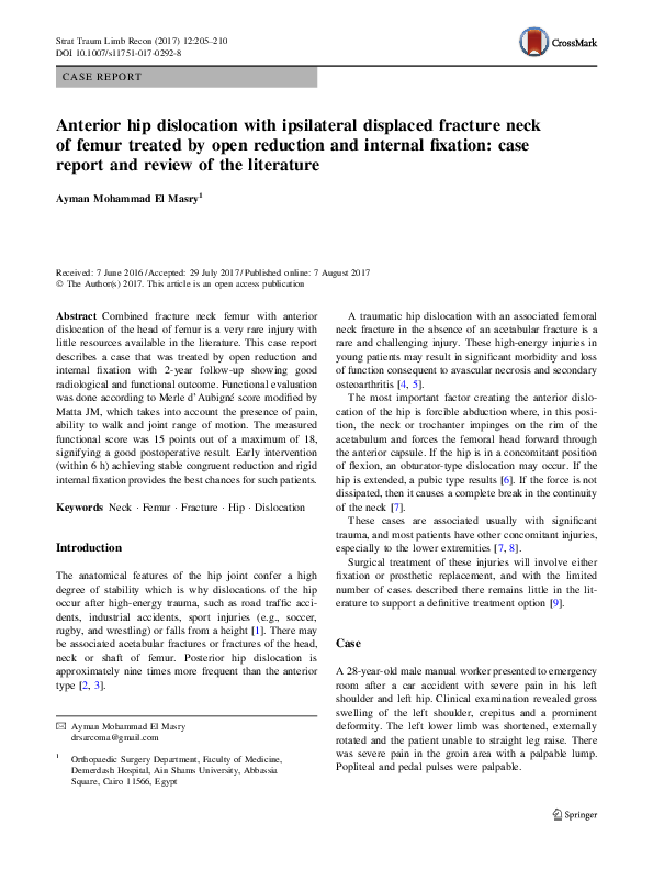 (PDF) Anterior hip dislocation with ipsilateral displaced fracture neck ...