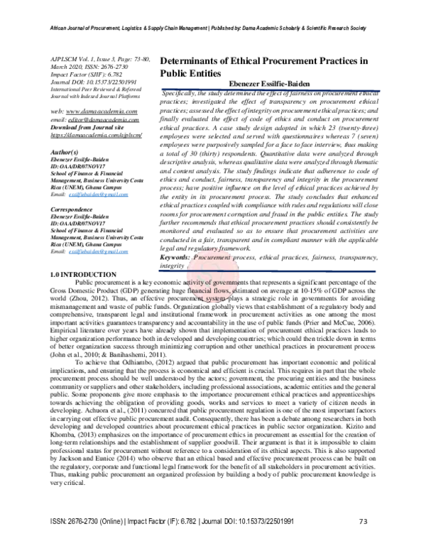 (PDF) Determinants of Ethical Procurement Practices in Public Entities