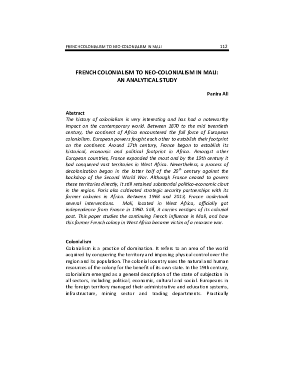 (PDF) FRENCH COLONIALISM TO NEO-COLONIALISM IN MALI: AN ANALYTICAL STUDY