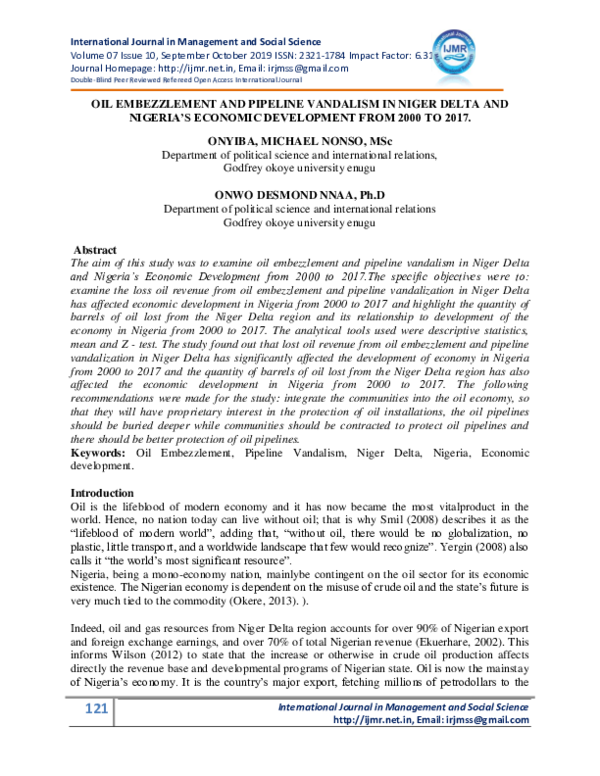 (PDF) OIL EMBEZZLMENT AND PIPELINE VANDALISM IN NIGER DELTA AND NIGERIA’S ECONOMIC DEVELOPMENT ...