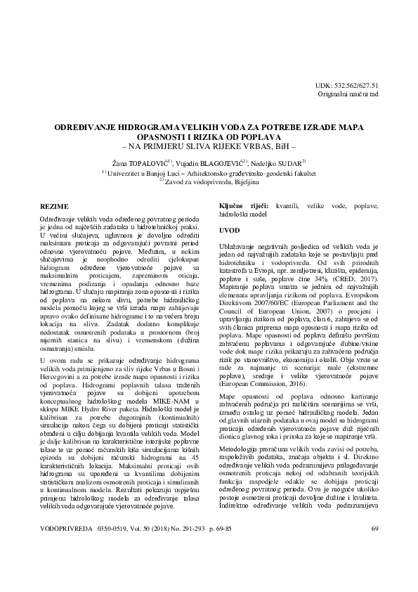 (PDF) ODREĐIVANJE HIDROGRAMA VELIKIH VODA ZA POTREBE IZRADE MAPA OPASNOSTI I RIZIKA OD POPLAVA ...