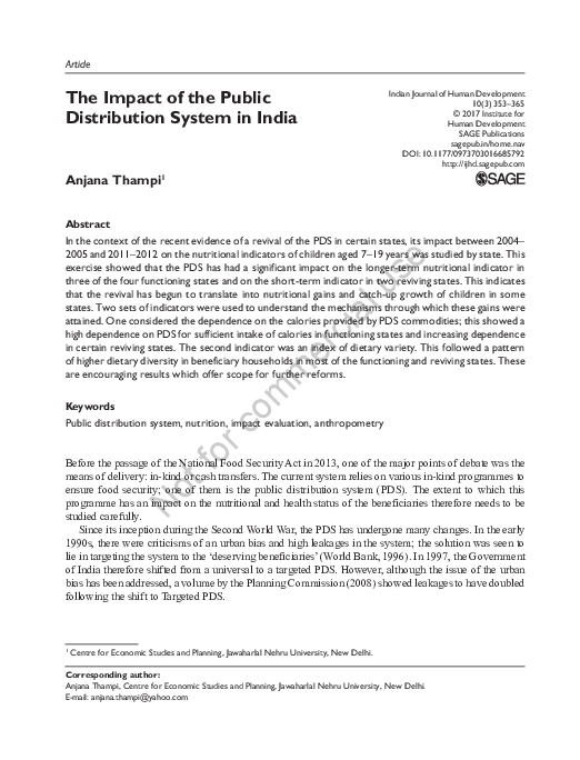 (PDF) The Impact of the Public Distribution System in India