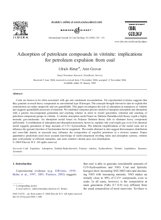 (PDF) Adsorption of petroleum compounds in vitrinite: implications for ...