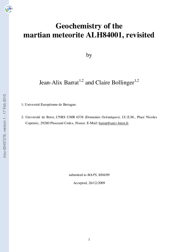 (PDF) Geochemistry of the martian meteorite ALH84001, revisited