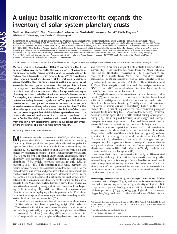 (PDF) A unique basaltic micrometeorite expands the inventory of solar ...