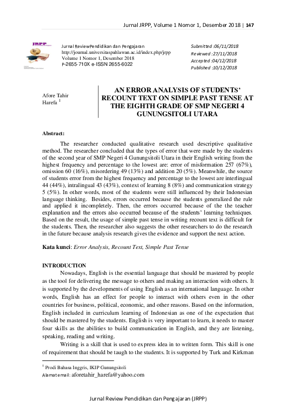 (PDF) An Error Analysis Of Students Recount Text On Simple Past Tense At The Eighth Grade Of Smp ...