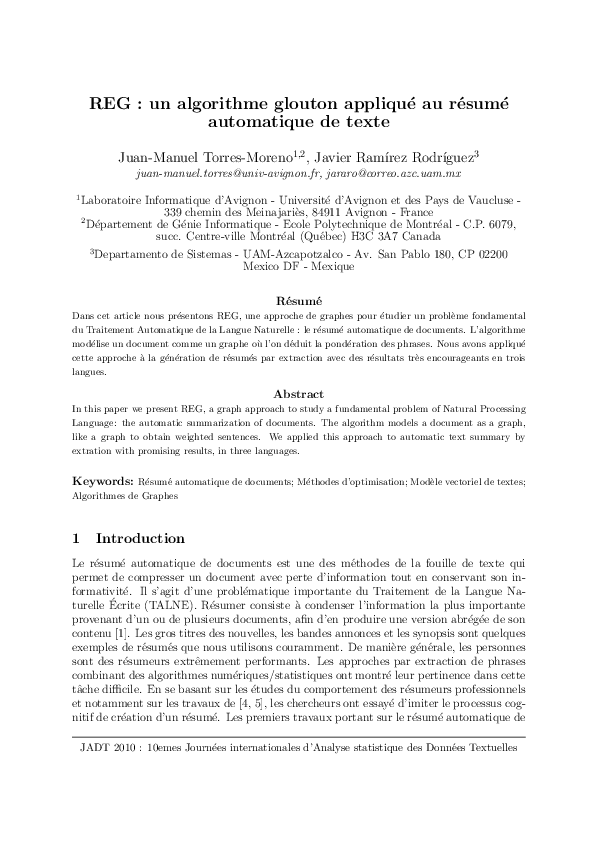 (PDF) REG: un algorithme glouton appliqué au résumé automatique de texte