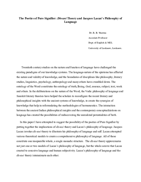 (PDF) The Poetics of Pure Signifier: Dhvani Theory and Jacques Lacan's ...
