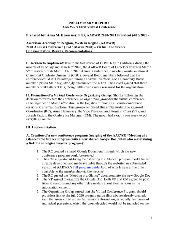 (PDF) PRELIMINARY REPORT AARWR's First Virtual Conference
