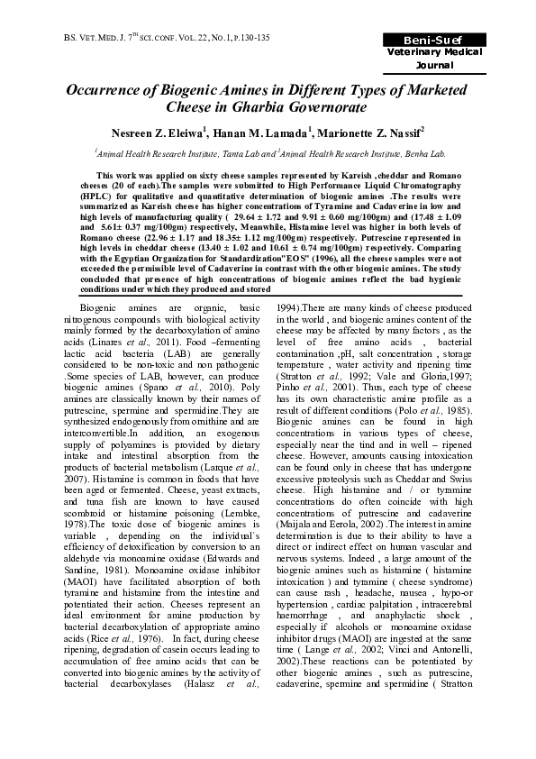 Pdf Occurrence Of Biogenic Amines In Different Types Of Marketed Cheese In Gharbia Governorate